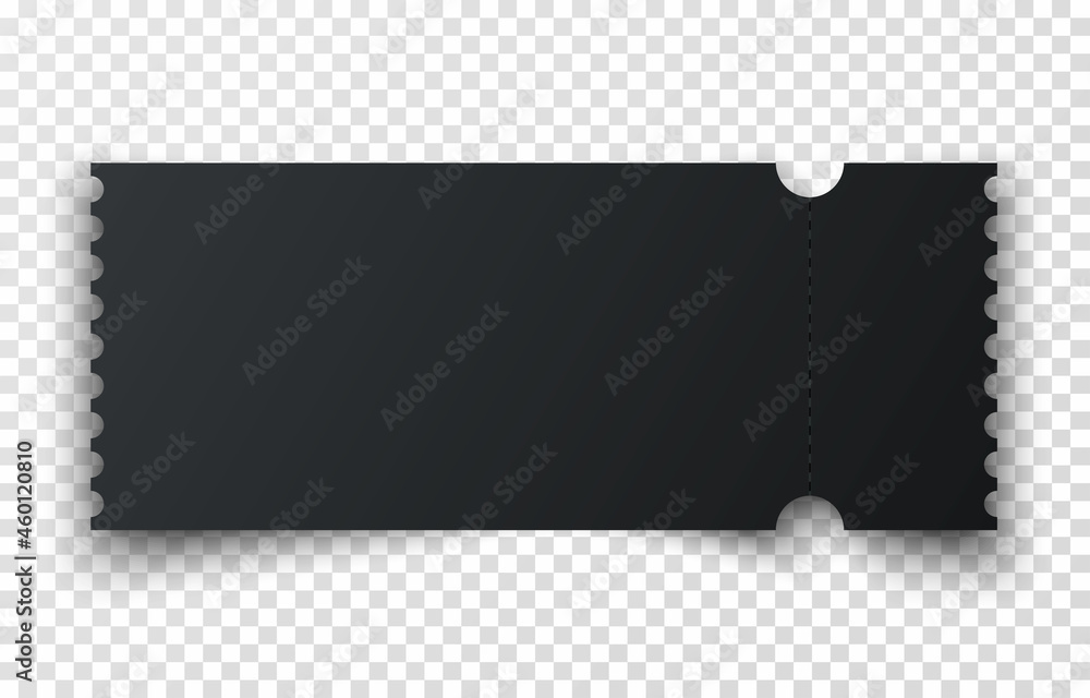 Realistic black ticket with one stub rip line and shadow. Mockup coupon ...
