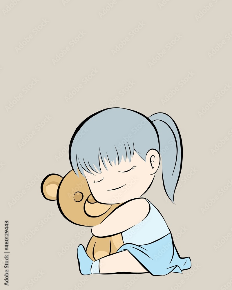 Little girl hug her doll. vector illustration isolated cartoon hand ...