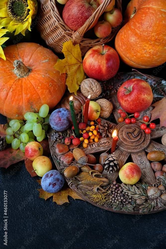 Wiccan altar for Mabon sabbat. wheel of the year with candle, fruits ...