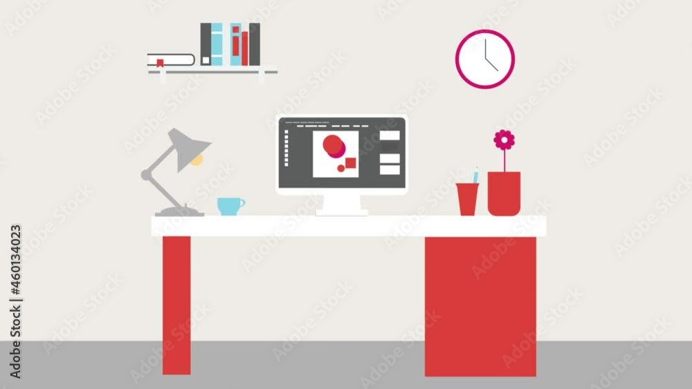 A 2D animation of a room interior with a computer on the desk and a ...