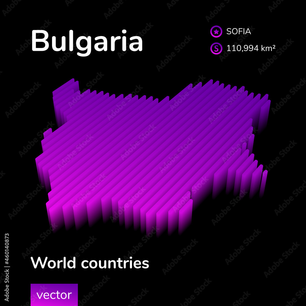 Stylized Neon Digital Isometric Striped Vector Bulgaria Map With 3d Effect Map Of Bulgaria Is