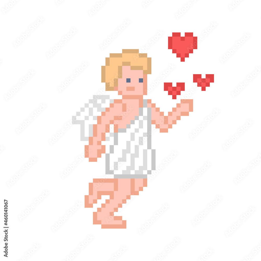 Pixel art cupid sending love hearts isolated on white background ...