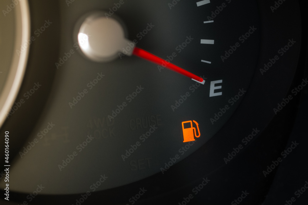 Fuel gauge shows empty tank. Ckose up view of fuel indicator. Stock ...