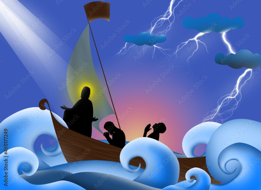 Jesus calms the storm on the boat Stock Vector | Adobe Stock