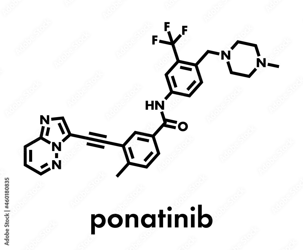 Ponatinib cancer drug molecule. Tyrosine kinase inhibitor used in ...