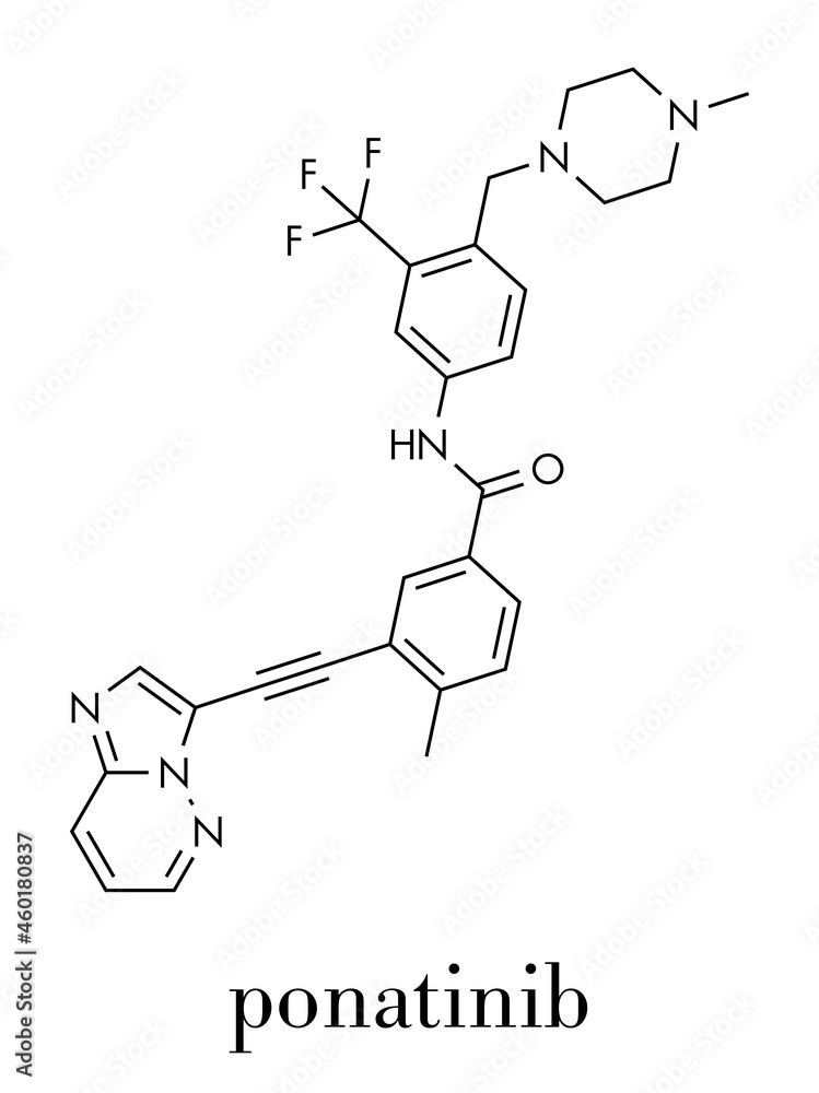 Ponatinib cancer drug molecule. Tyrosine kinase inhibitor used in ...