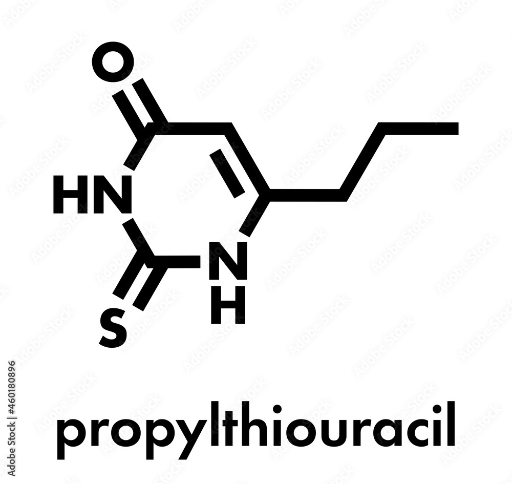 Propylthiouracil (PTU) hyperthyroidism drug molecule. Skeletal formula ...