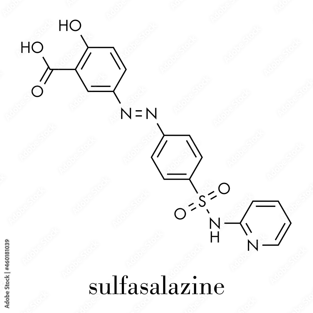 Sulfasalazine drug molecule. Used in treatment of rheumatoid arthritis ...