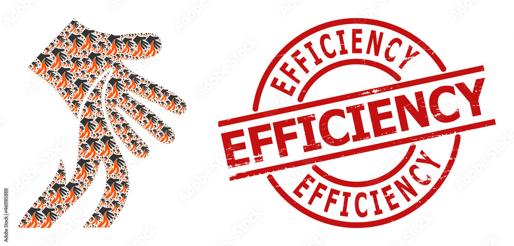 Red round badge contains Efficiency title inside circle. Vector burn ...