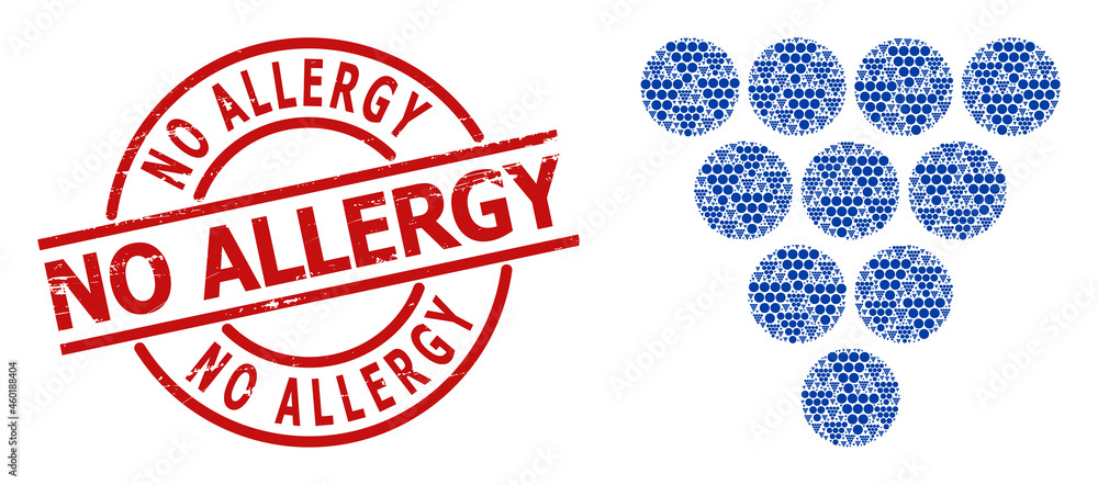 Red round stamp has No Allergy caption inside circle. Vector grapes ...