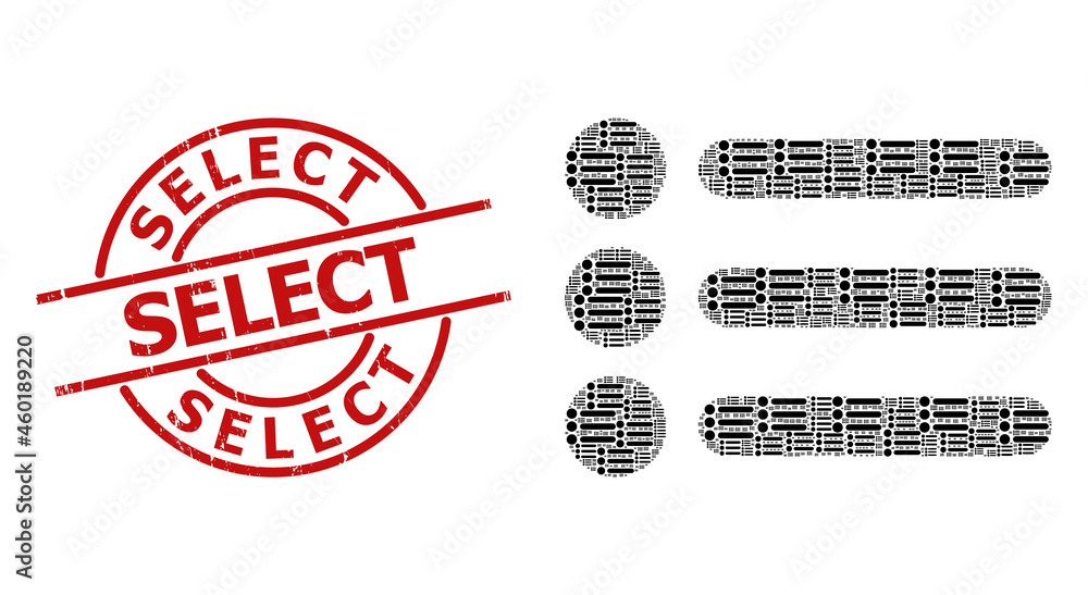 Red round stamp seal has Select caption inside circle. Vector list ...
