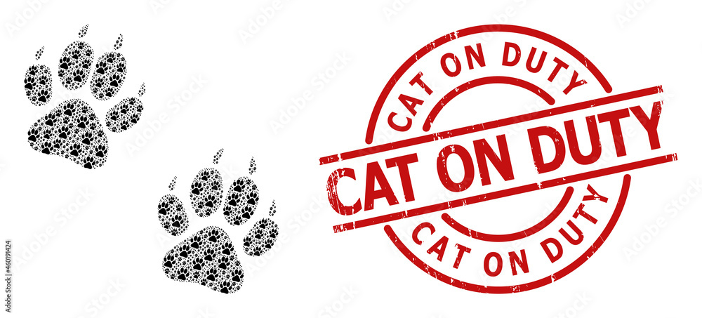 Red round stamp includes Cat on Duty title inside circle. Vector tiger ...