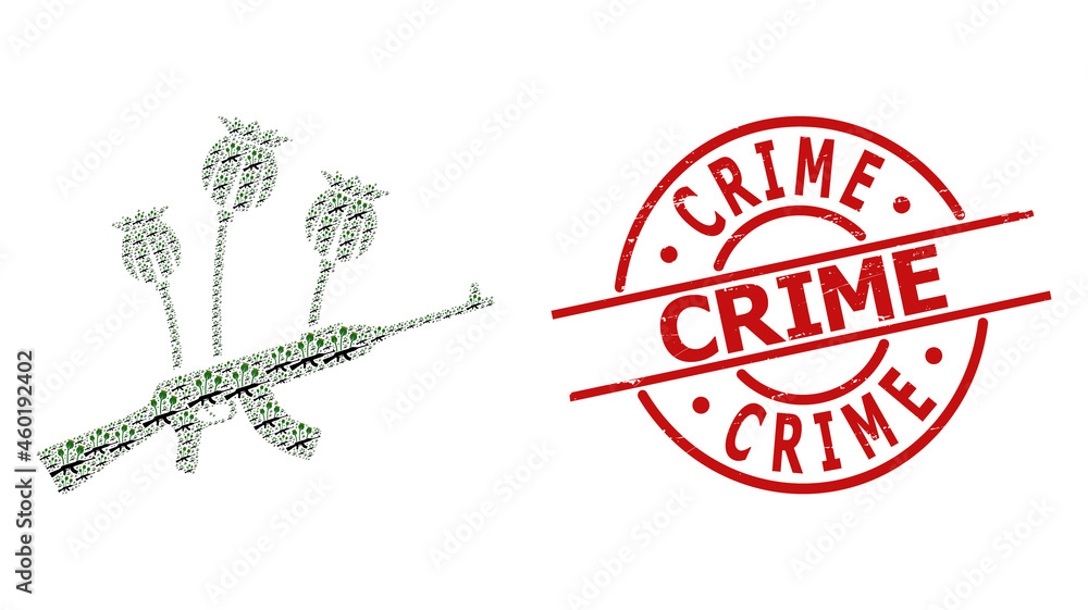 Red round stamp has Crime text inside circle. Vector opium poppy crime ...