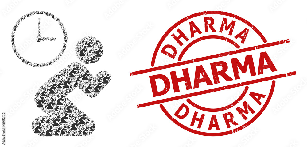Red round stamp seal has Dharma tag inside circle. Vector pray time ...