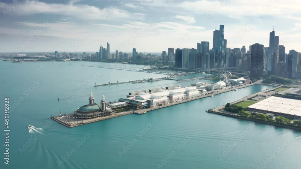 Chicago Navy Pier with at cinematic blue Michigan lake on scenic ...