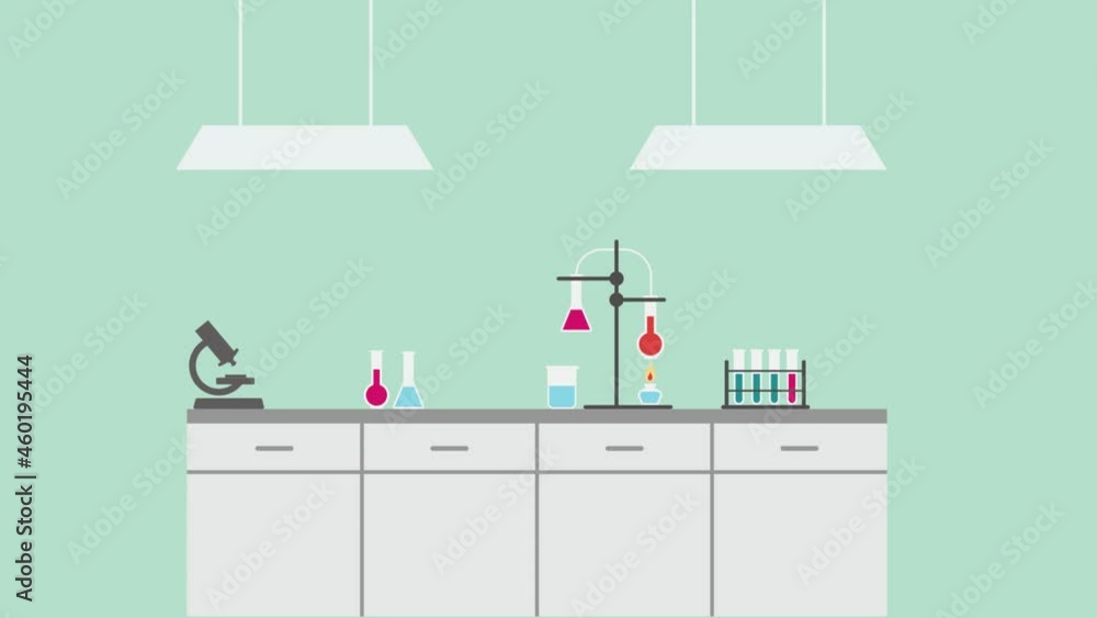 A 2D animation of a chemistry laboratory with glass flasks and a ...