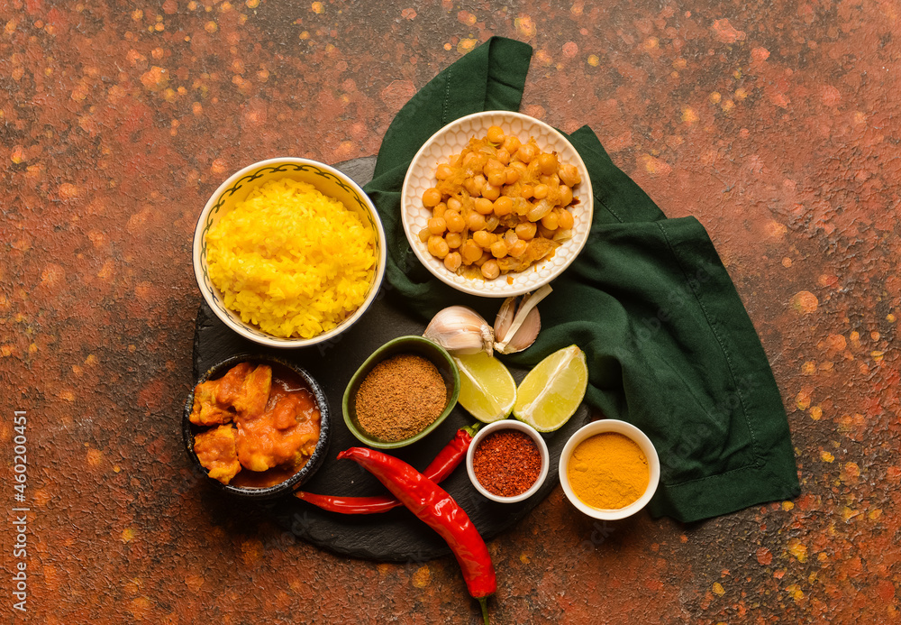 Traditional Indian food and spices on color background 스톡 사진 | Adobe Stock