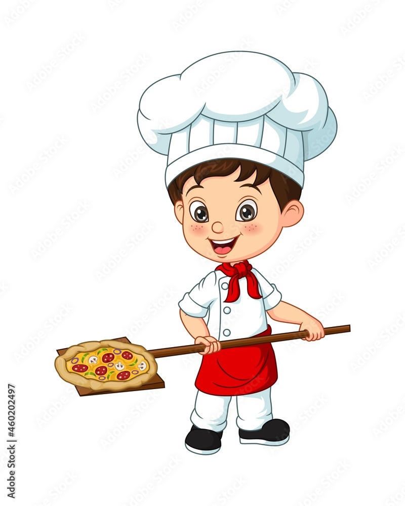 Cartoon little chef with a pizza Stock Vector | Adobe Stock