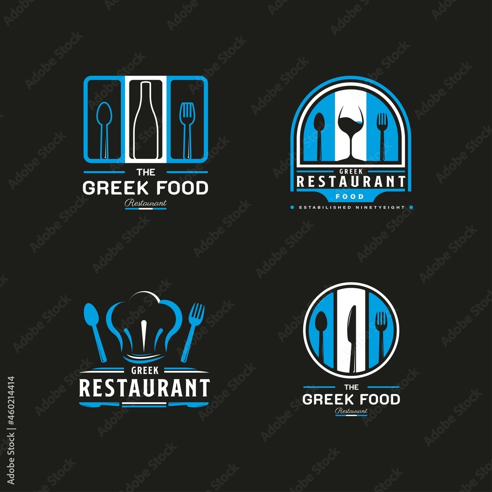 Set of Greek Food Restaurant Logo. Greece flag symbol with Spoon, Fork ...