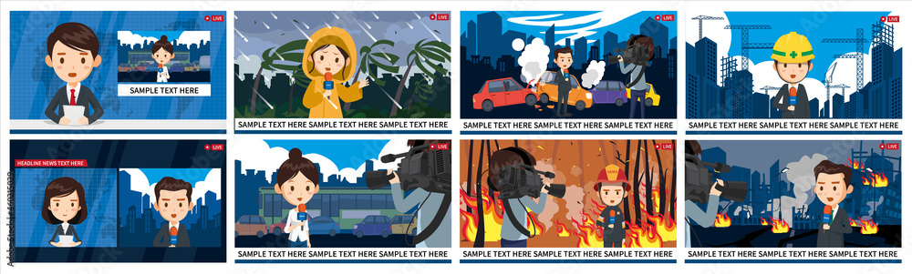 TV news studio of the station. Male and female newscasters sitting in ...