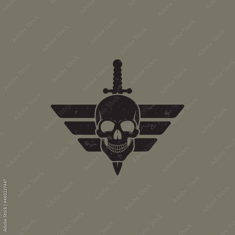 Colored illustration on the theme of the army skull, dagger, wings on ...