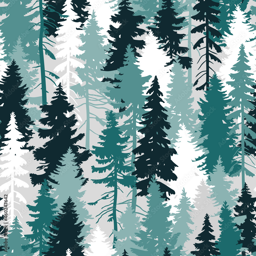 Seamless vector pattern with pine tree silhouettes on light grey ...