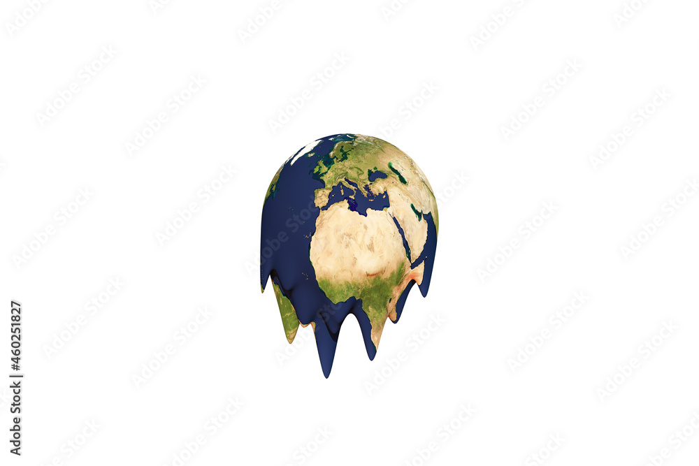 Schmelzende Erde auf weissem Hintergrund. Klimawandel, Erderwärmung Konzept. Erdkarte von NASA ...