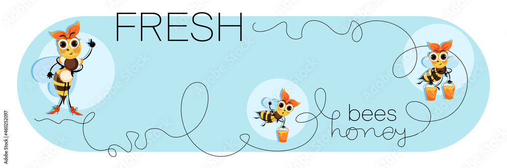 Swarm bees. Honey bees. Cartoon cute character. Bee horizontal poster ...