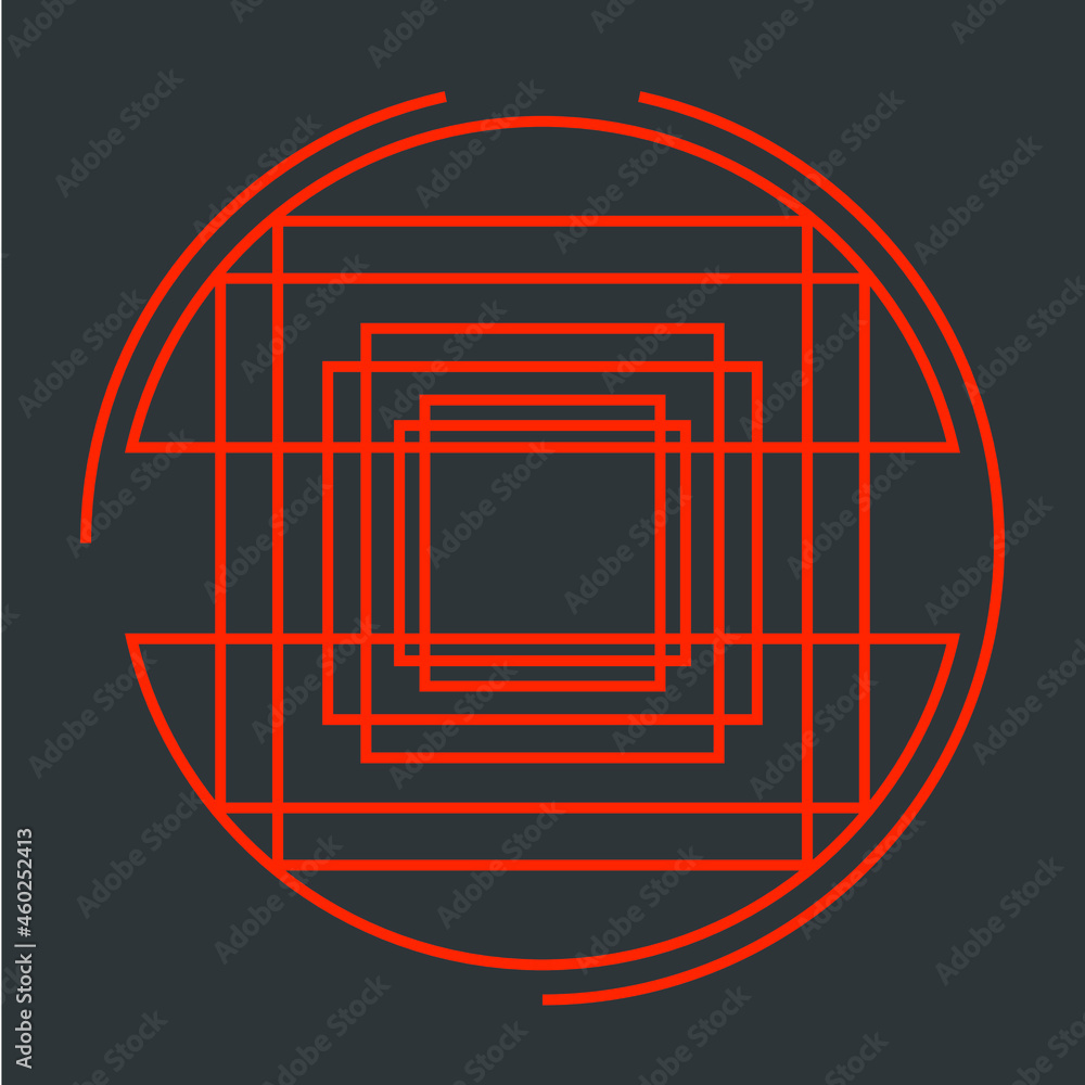Overlapping squares inside a circle create a modern geometric line art ...