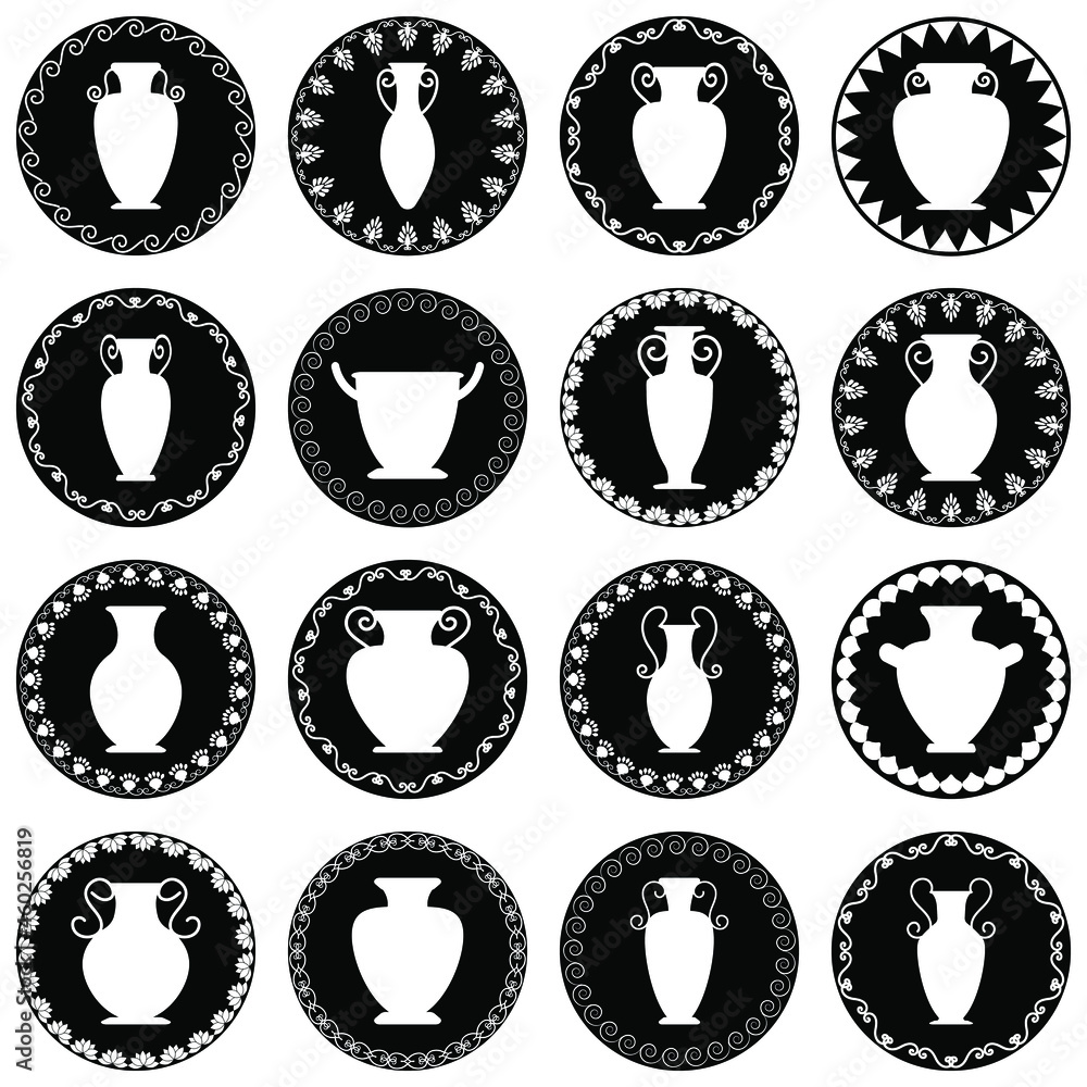 Set of ancient greek vase logos. Collection of sixteen greek urns with ...