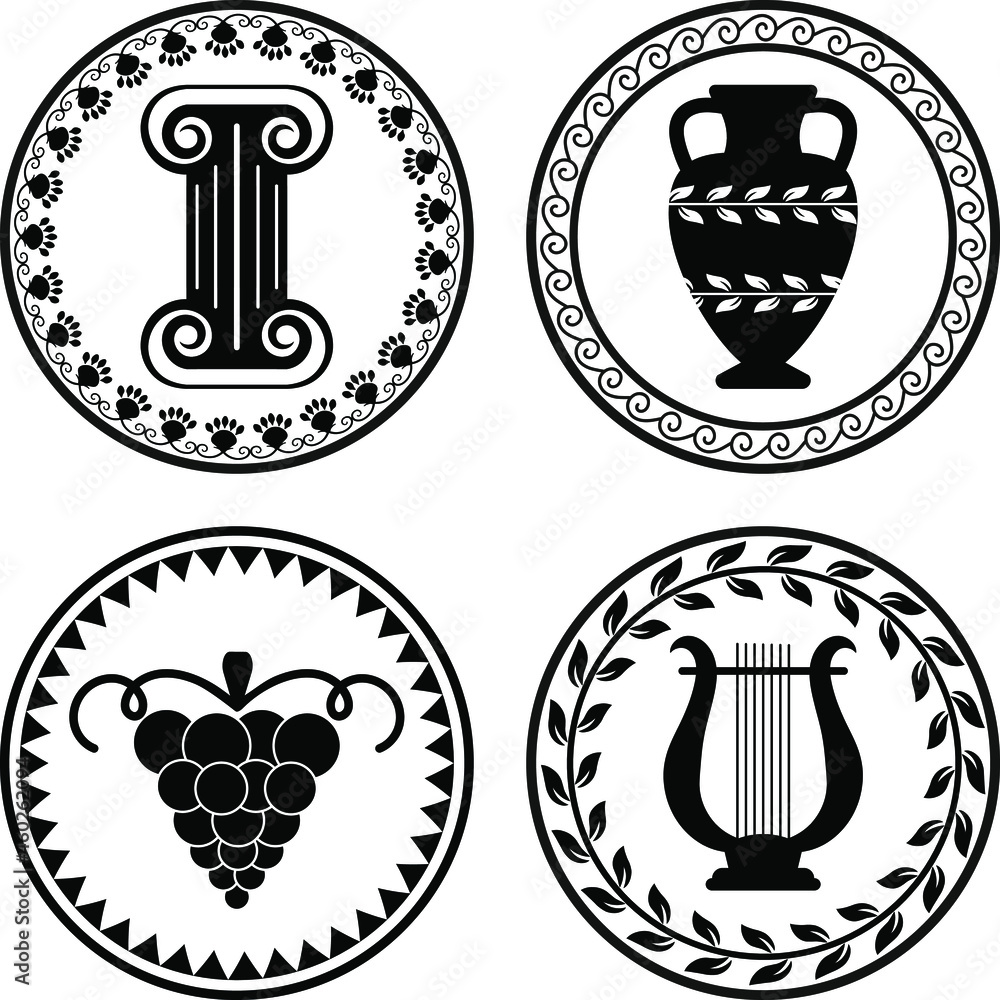 Vector set of ancient logos with amphora for olive oil, lira, cluster ...