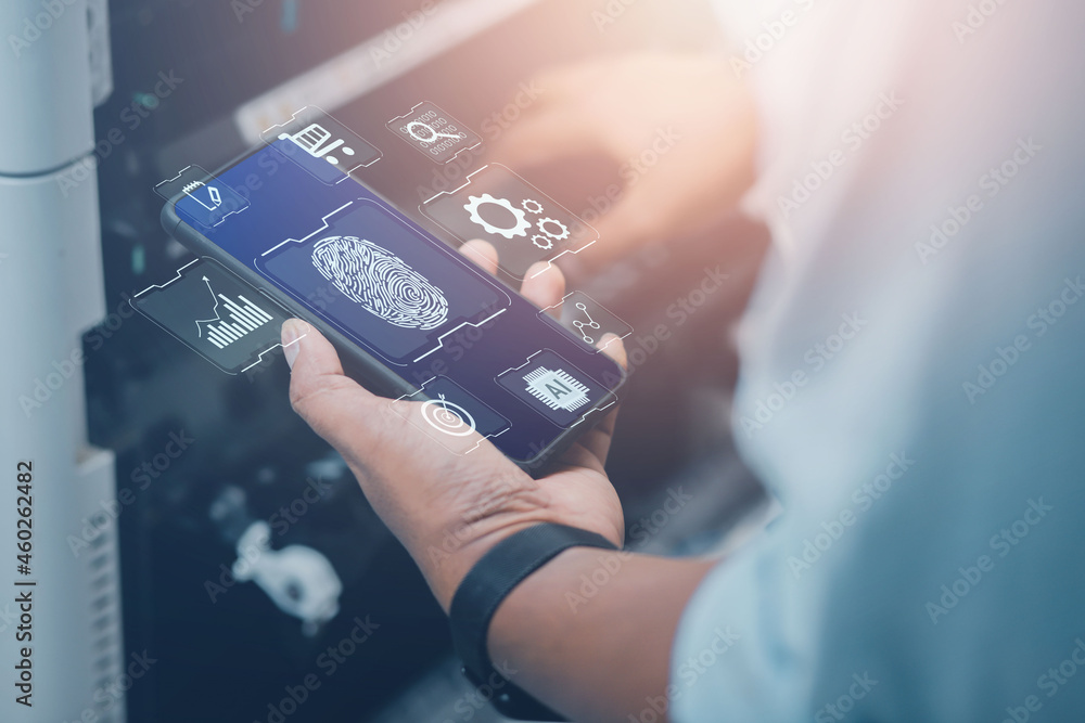 Mobile phone with fingerprint scanner app cybersecurity concept ...
