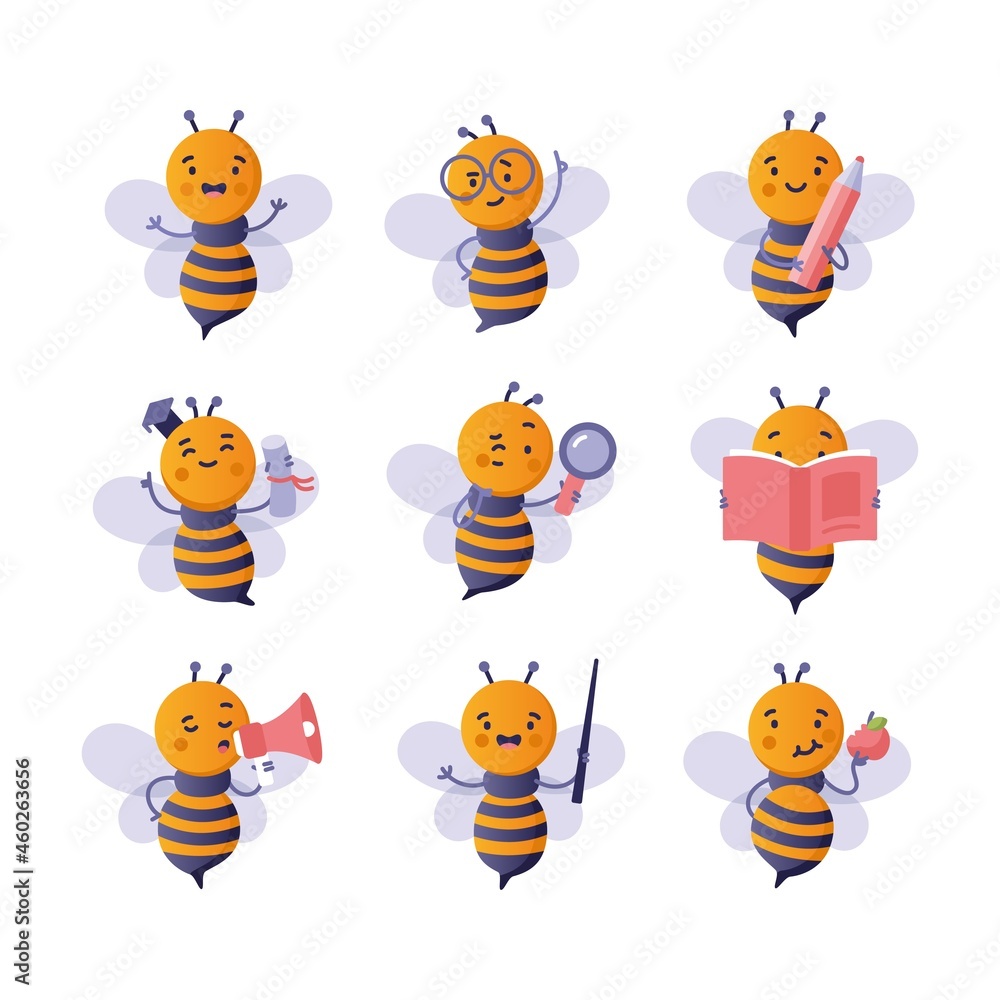 Back to school set with cute cartoon bee. Vector illustration of smart ...