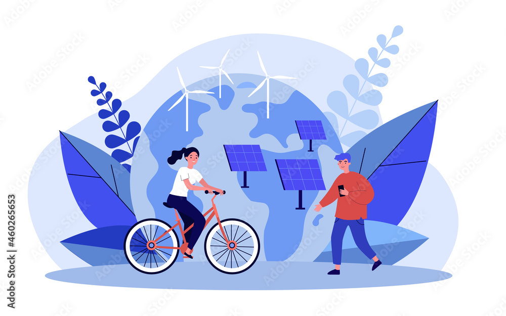 People using eco technology. Girl on bicycle, man standing near solar ...