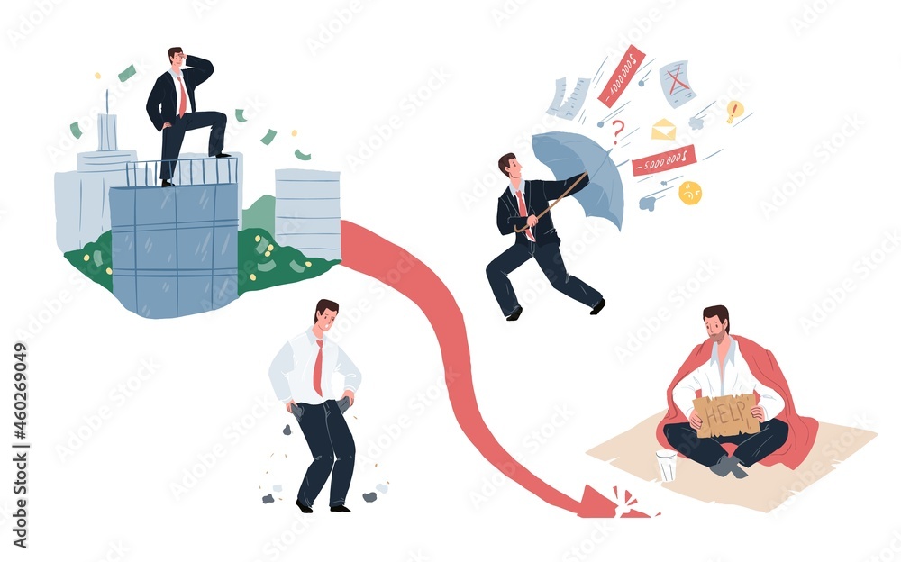 Vector cartoon flat character in scenes showing stages of financial ...