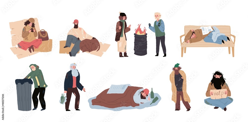 Set of vector cartoon flat homeless sad characters of different age and ...