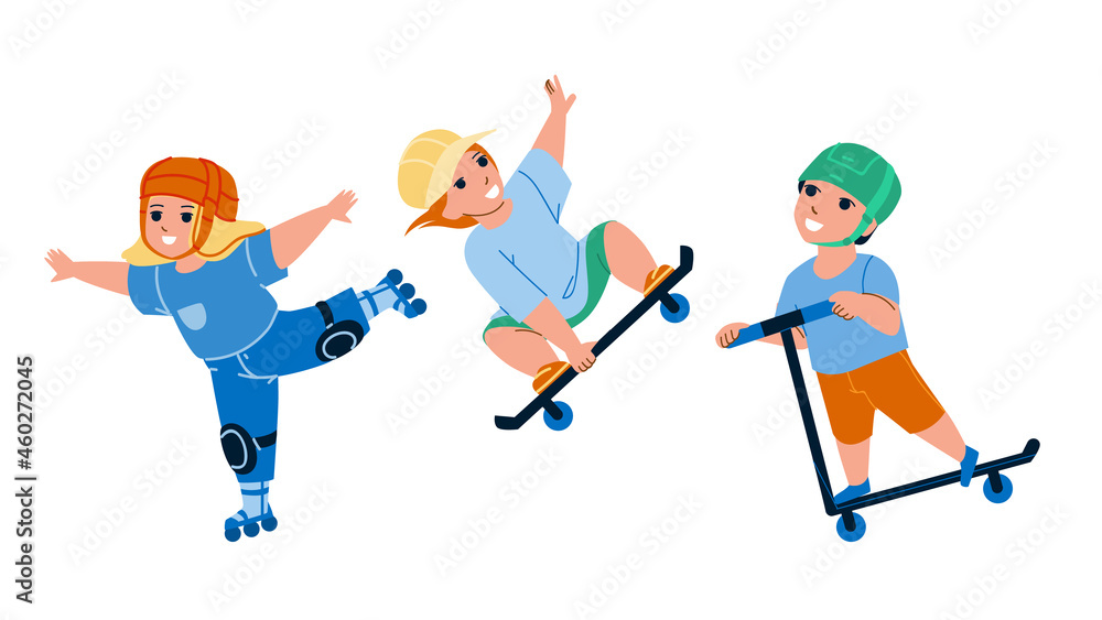 Children Enjoying In Extreme Skate Park Vector. Boy And Girl Kids ...