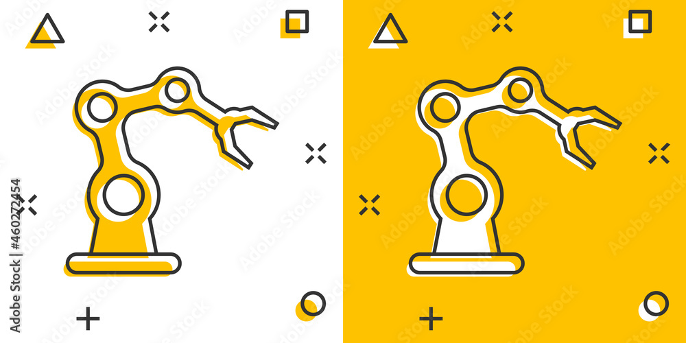 Robot arm icon in comic style. Mechanic manipulator cartoon vector ...