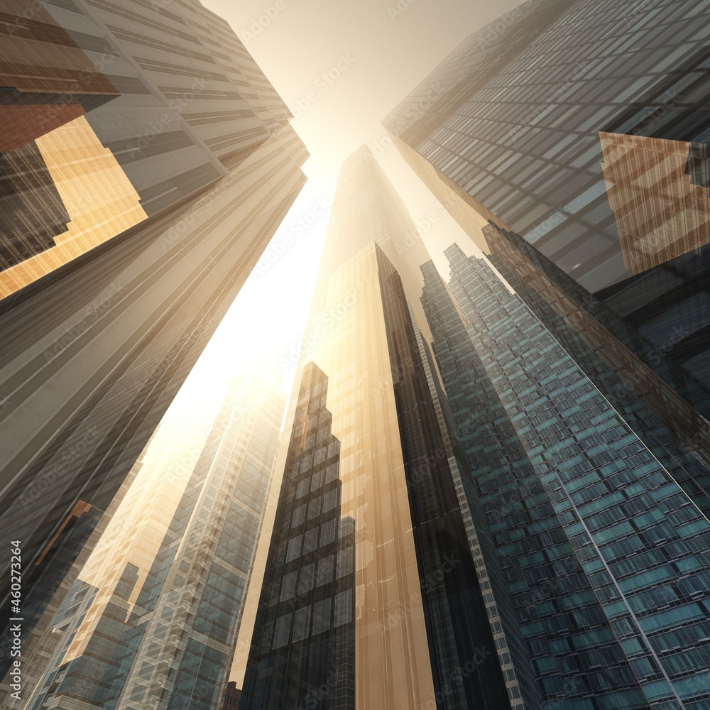 Skyscrapers, high-rise buildings in the rays of the sun, 3D rendering ...