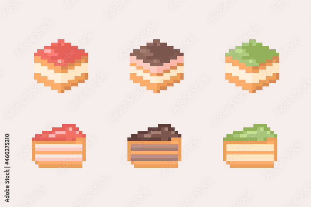 Pixel art cakes icon set with different types. Vector illustrations ...
