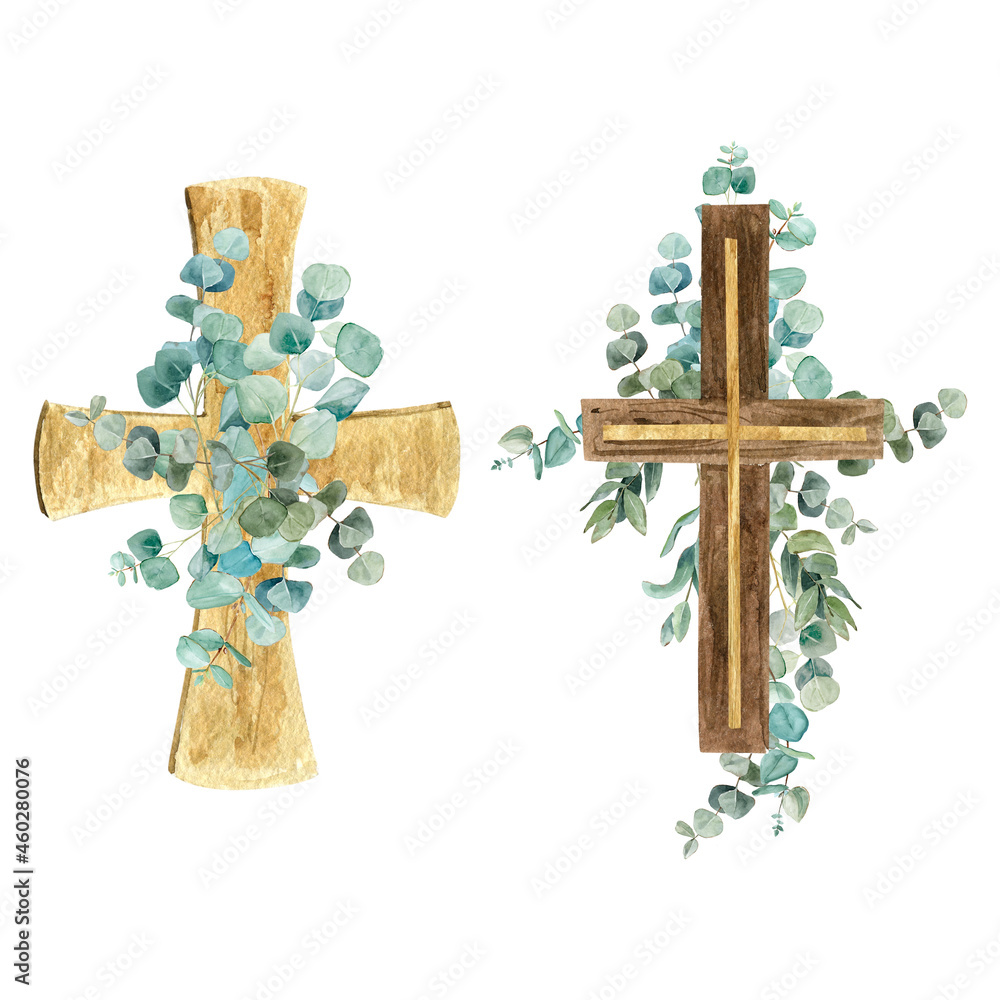 Easter catholic wooden crosses, watercolor illustration on white ...