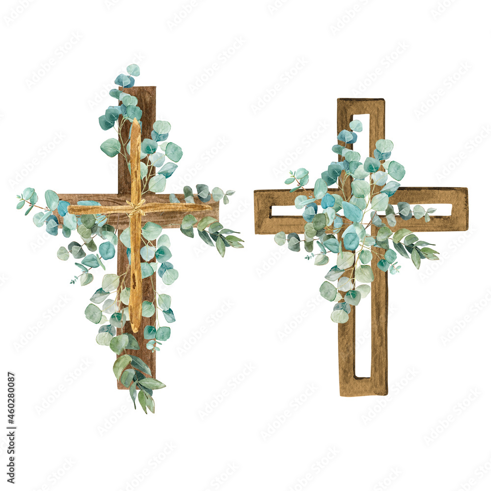 Easter catholic wooden crosses, watercolor illustration on white ...
