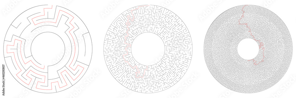 Circle, circular maze, labyrinth riddle game set. Problem solving ...