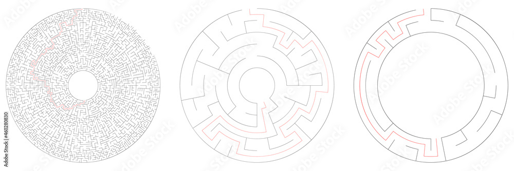 Circle, circular maze, labyrinth riddle game set. Problem solving ...