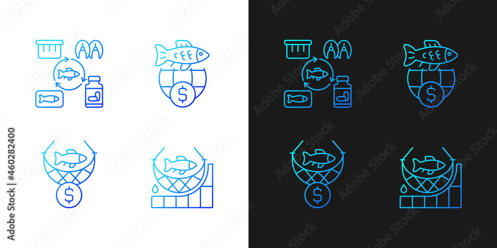 Fish product producing and trade gradient icons set for dark and light ...