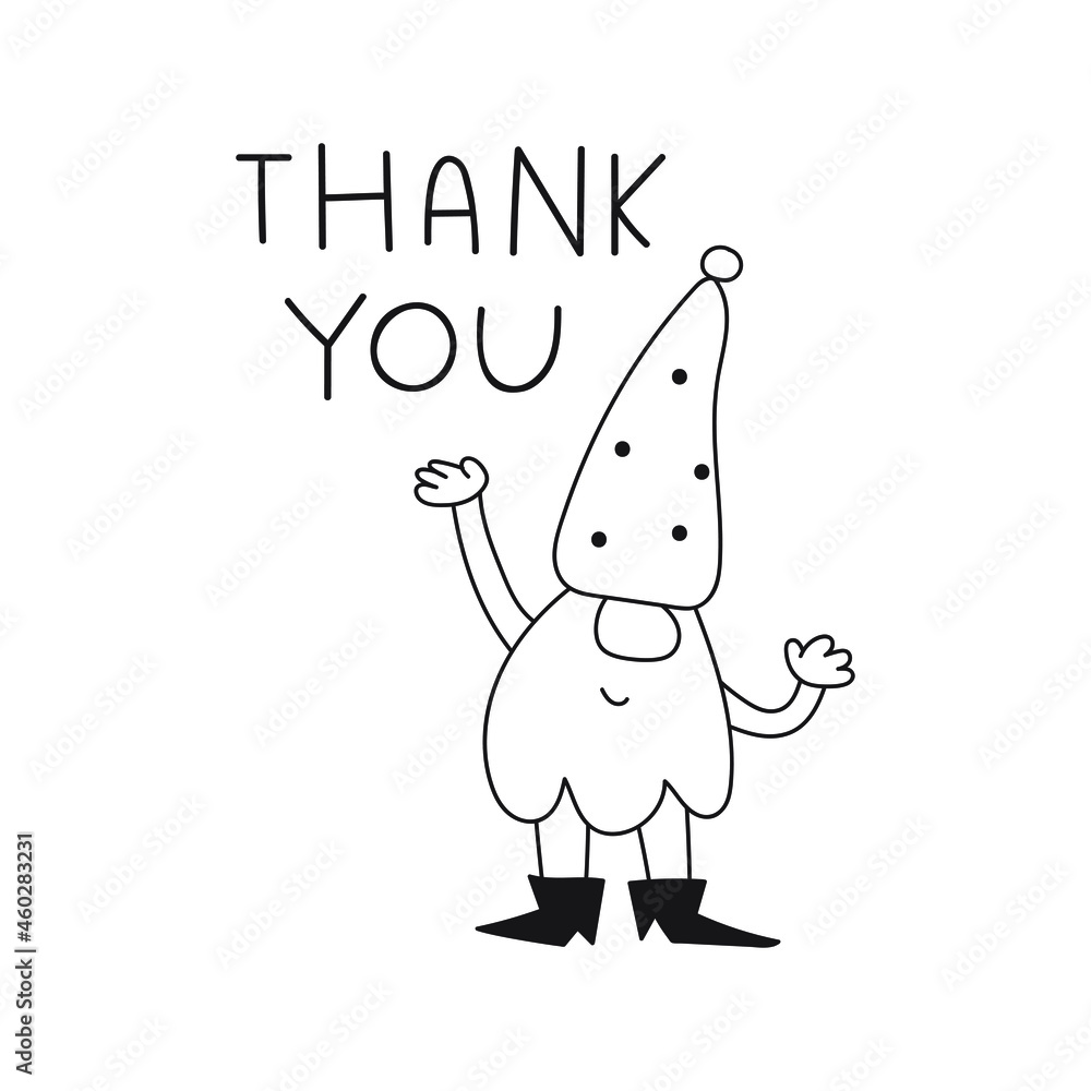 Cute little gnome with words - thank you. Outline vector illustration ...