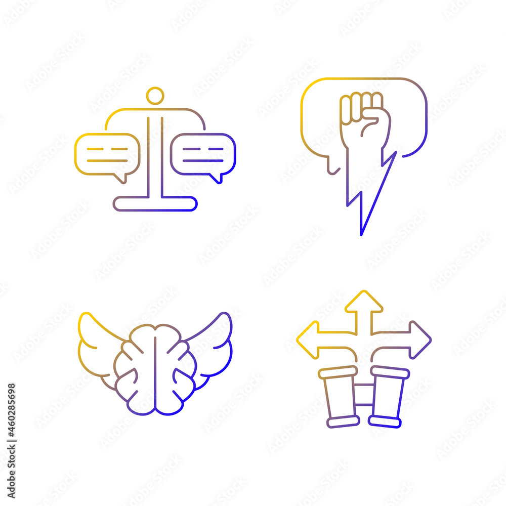 Argumentation skills linear vector icons set. Forming judgement. Use ...
