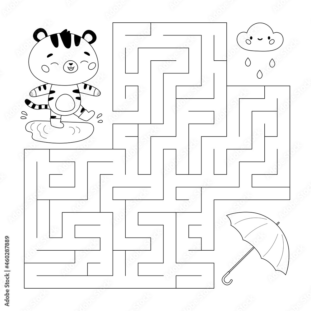 Maze game for children. Help the tiger find right way to an umbrella ...