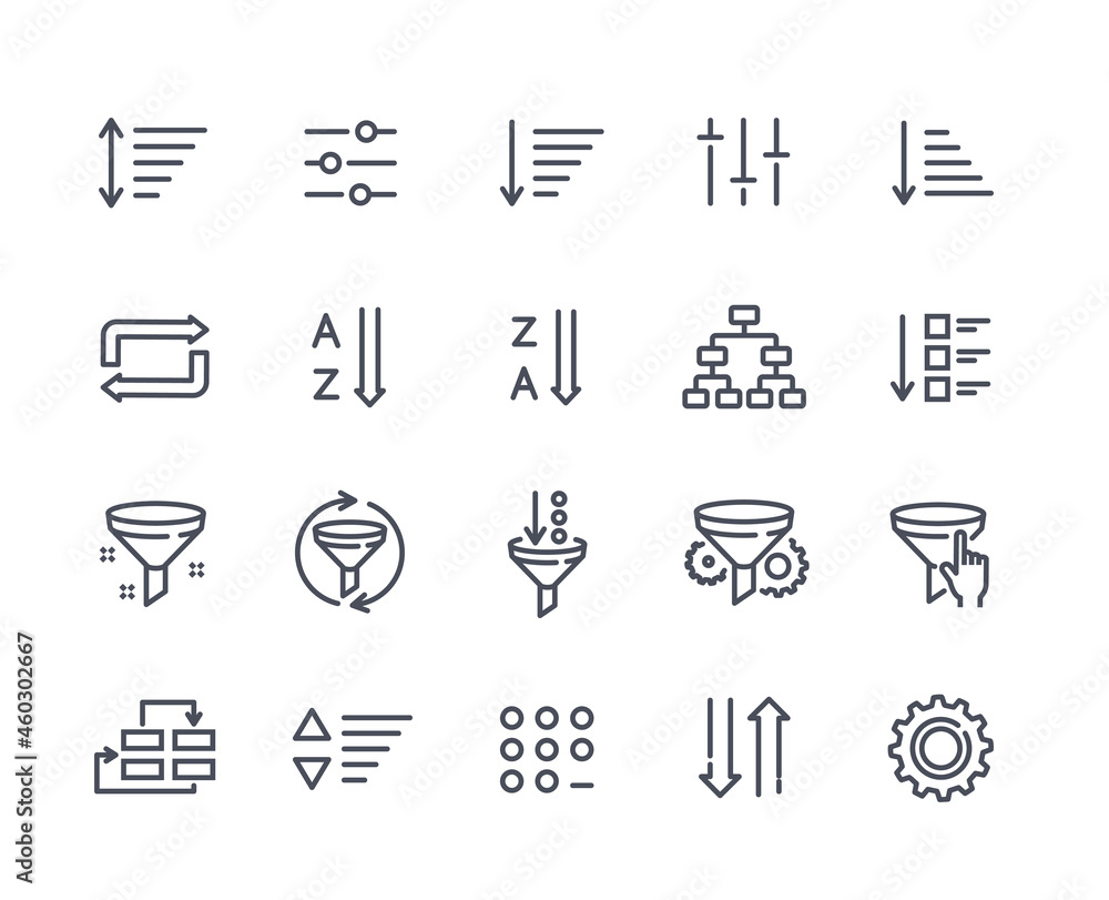 Set of sorting and filtering related linear icons on white background ...