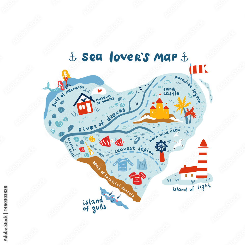 Cartoon vector map of one who is in love with sea, hand drawn ...